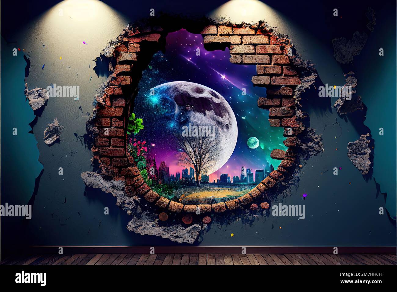 fantastic design creative interior with a portal on the wall leading to ...
