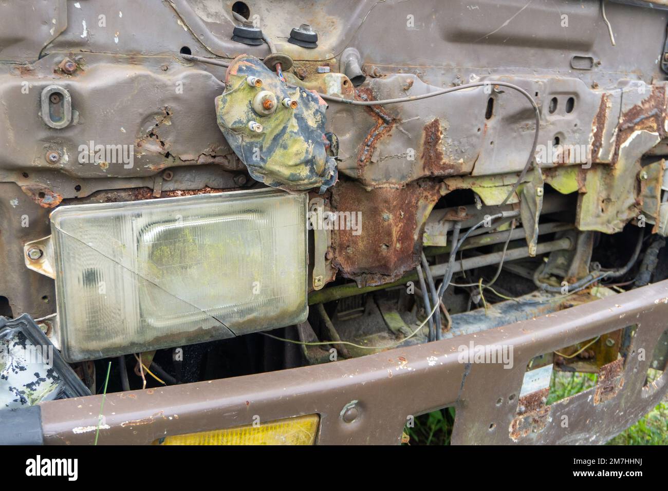 Abandoned broken trucks in the middle of nature covered in wild bushes ...