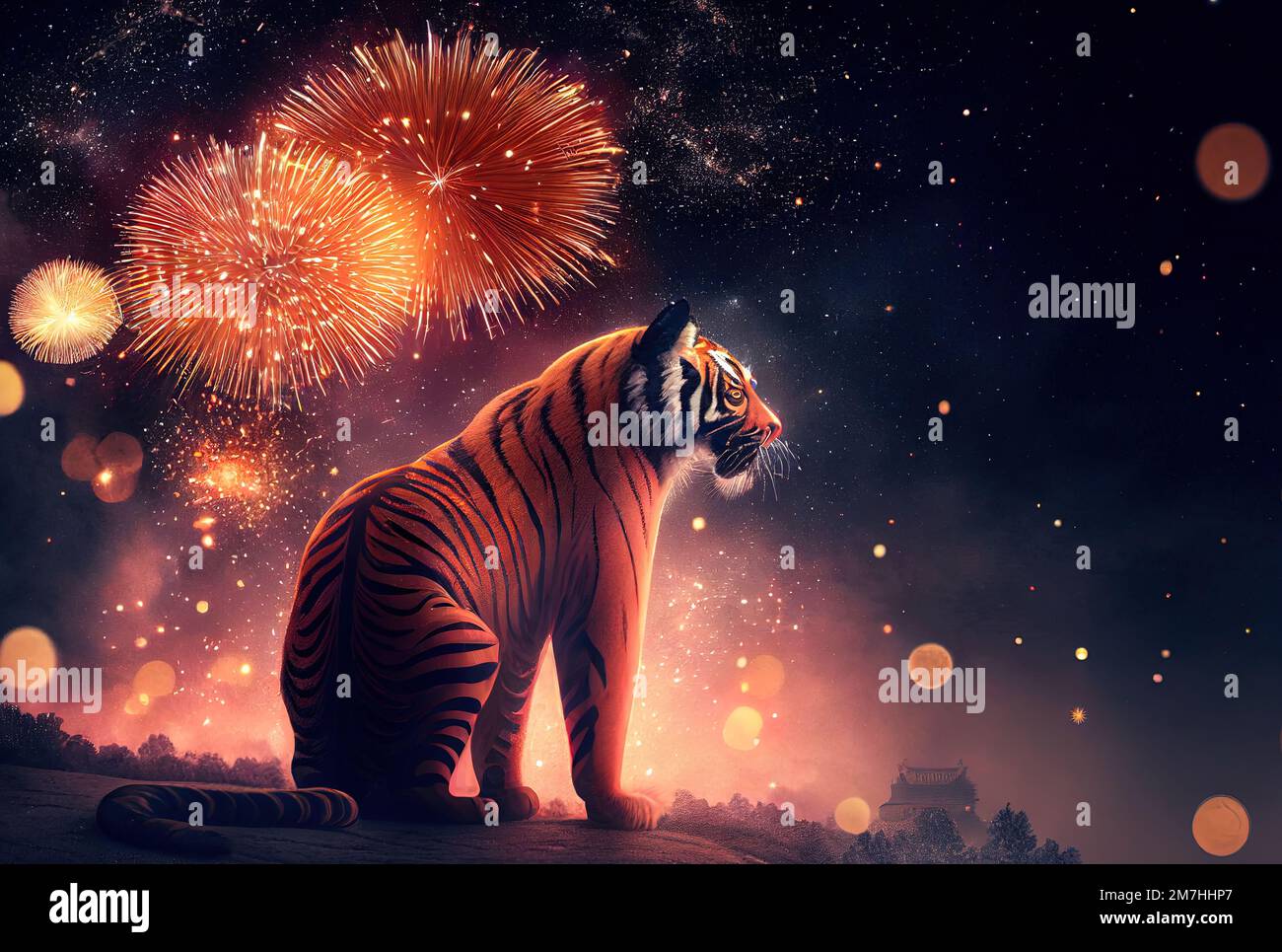 Tiger against the background of fireworks and paper lanterns as a ...