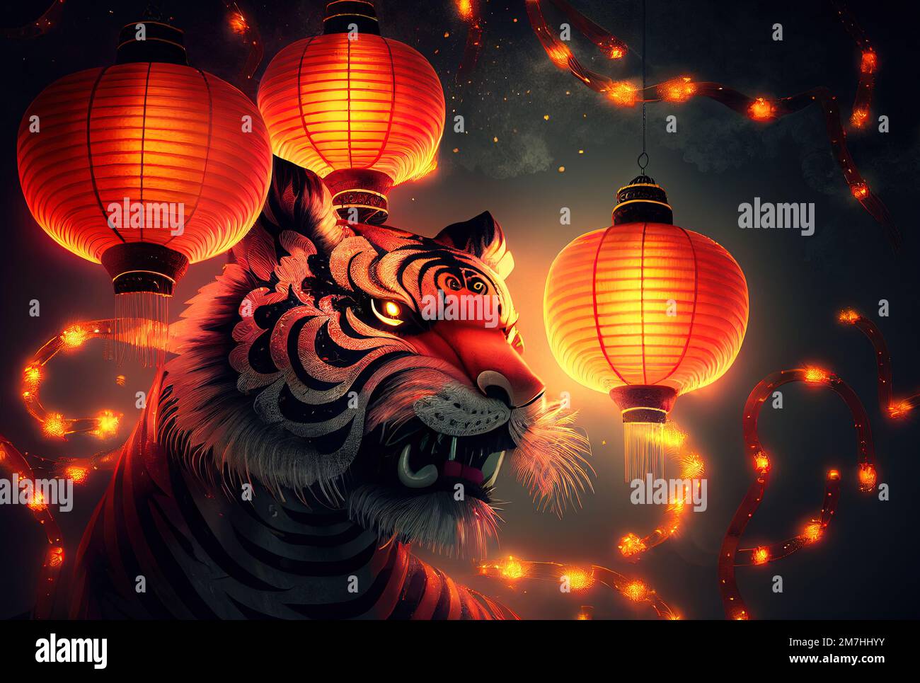 Tiger against the background of fireworks and paper lanterns as a ...