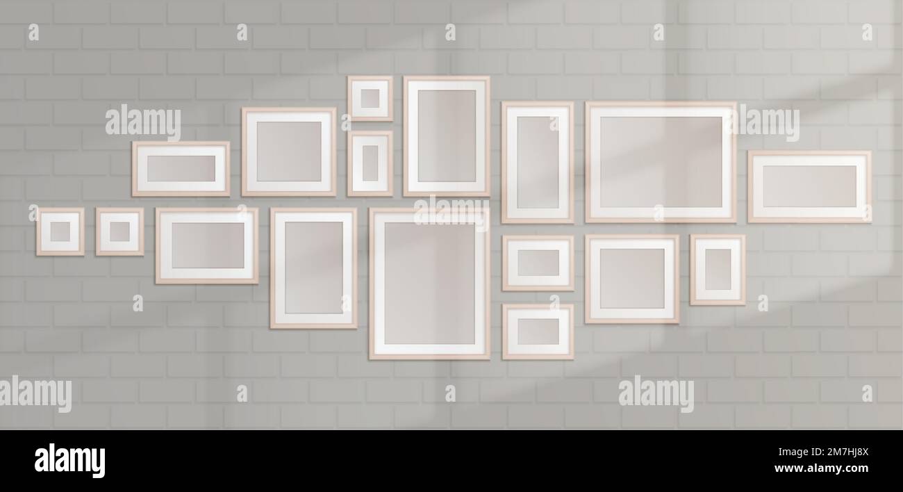 White frames collage and sunlight on brick wall. Realistic vector ...