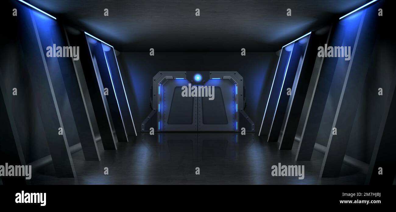 Dark hall with closed metal door and neon blue lamp illumination ...