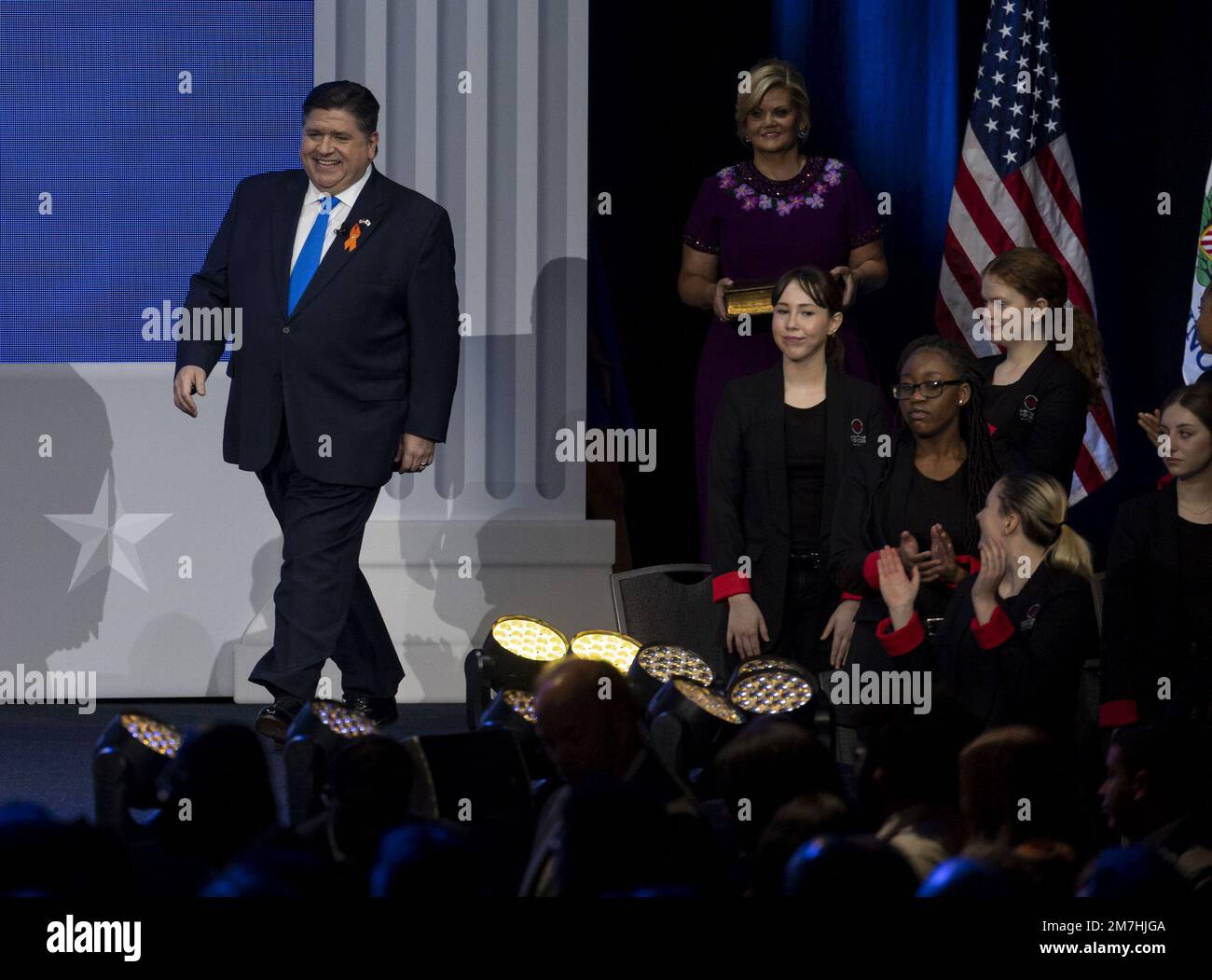 Gov. J.B. Pritzker arrives to take the oath of office Monday, Jan. 9 ...