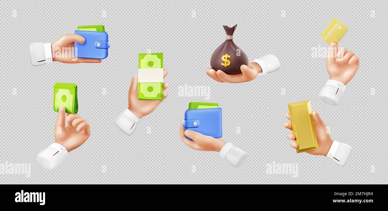 3d vector hand with money isolated set. Concept of payment, richness ...