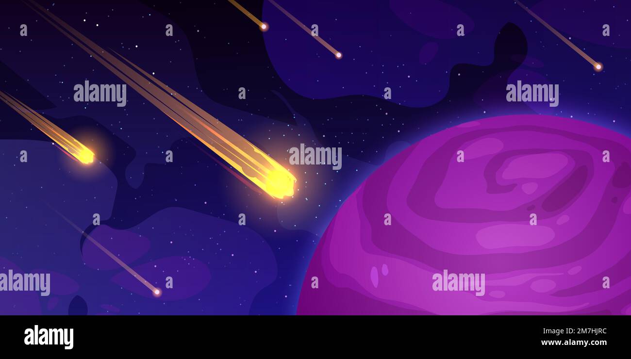 Burning asteroids flying in outer space to hit alien planet floating in ...