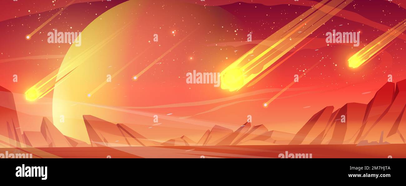 Asteroids with burning trails falling on alien orange planet. Cartoon ...