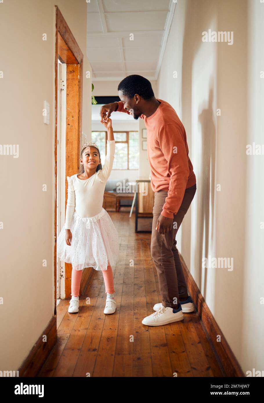 Dance, happy and ballet father and daughter holding hands for learning ...