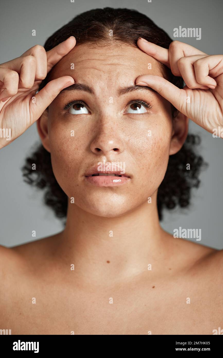 Wrinkles, skincare and beauty worry of a black woman with wellness ...