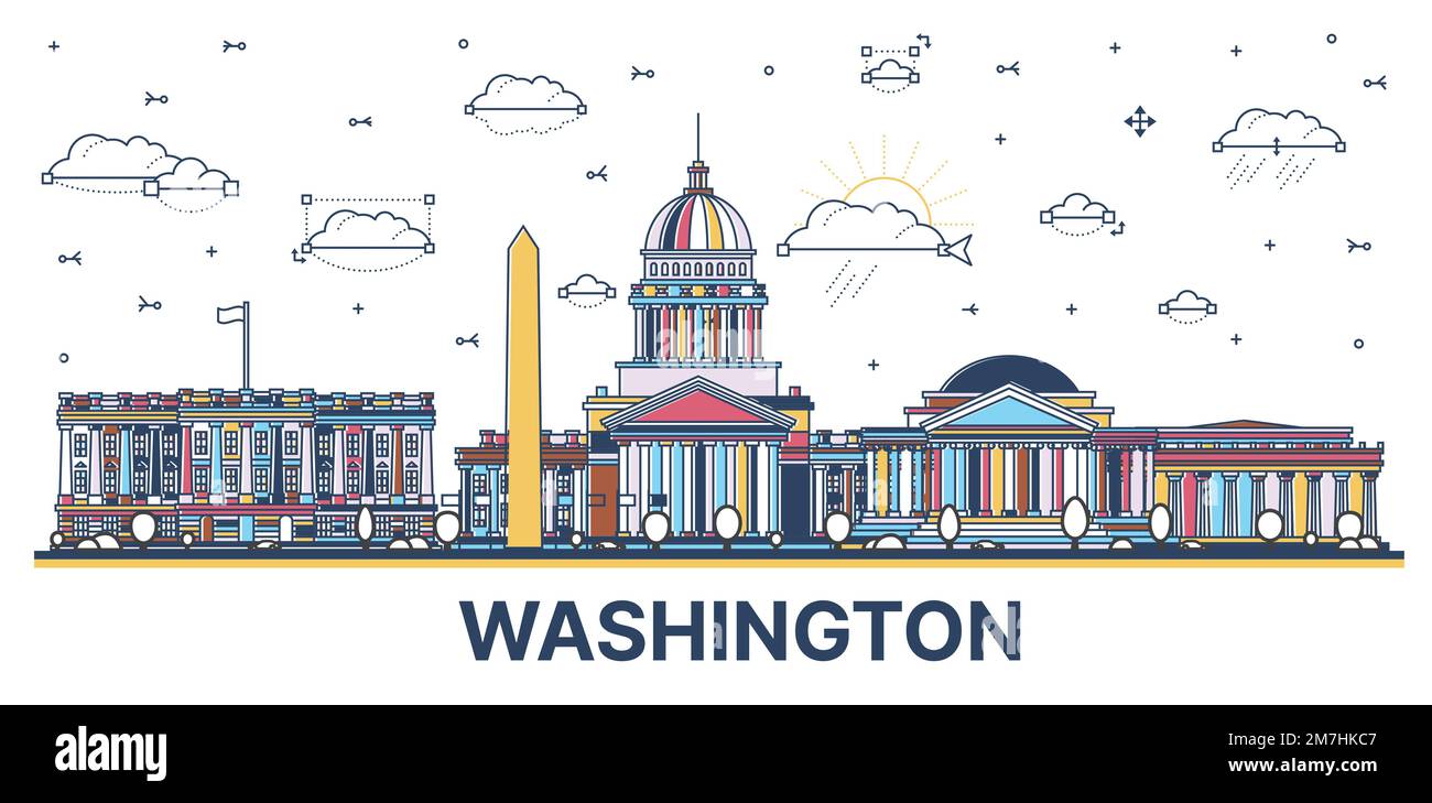 Outline Washington DC City Skyline with Colored Historic Buildings ...