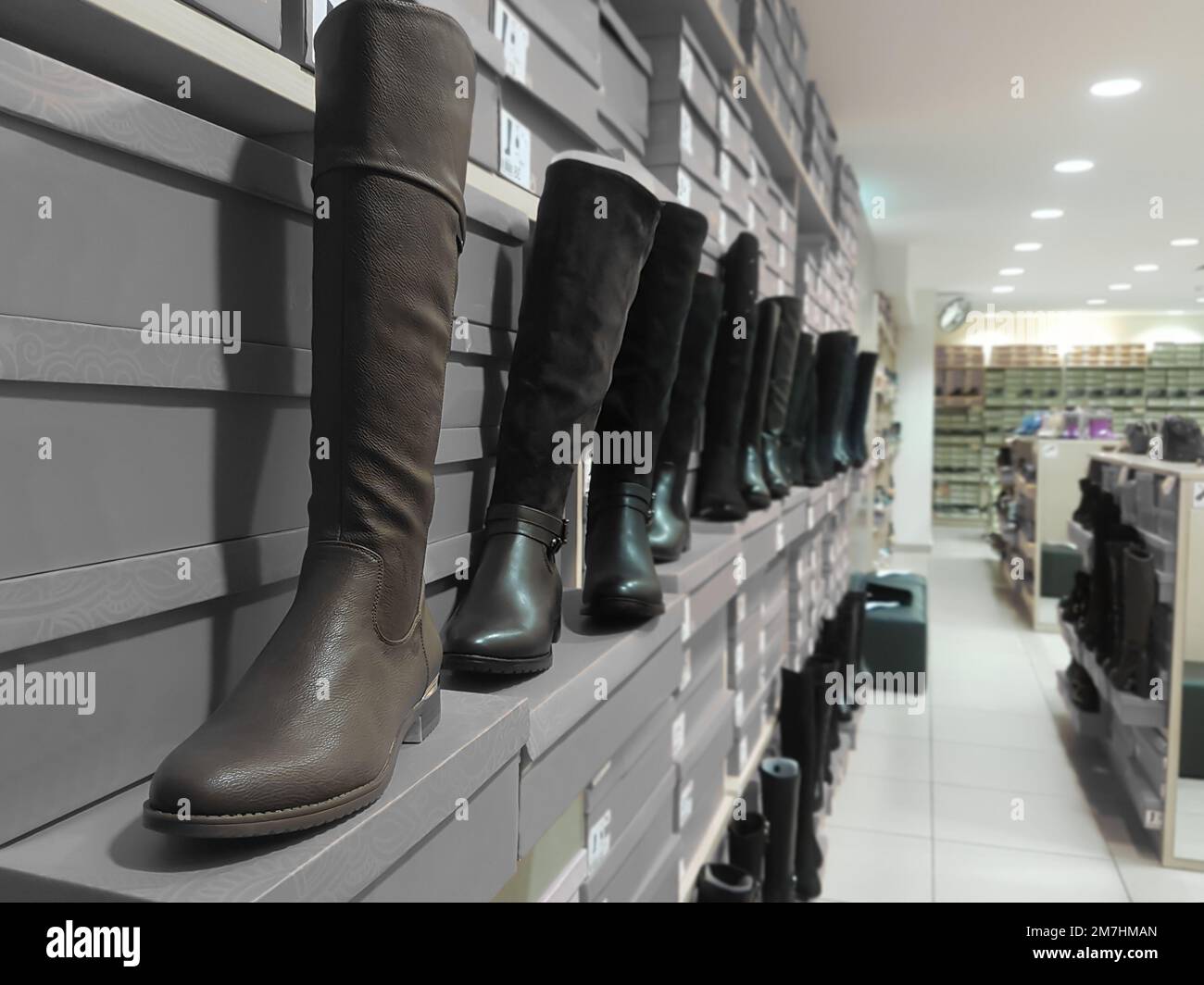 close up. boxes of shoes on the counter in a Shoe store Stock Photo - Alamy