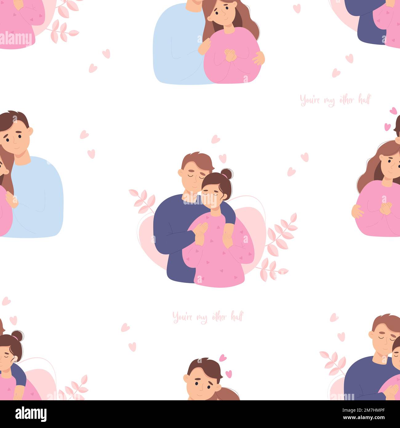 Seamless pattern with loving couple of people. Happy people hugging on white background with ...