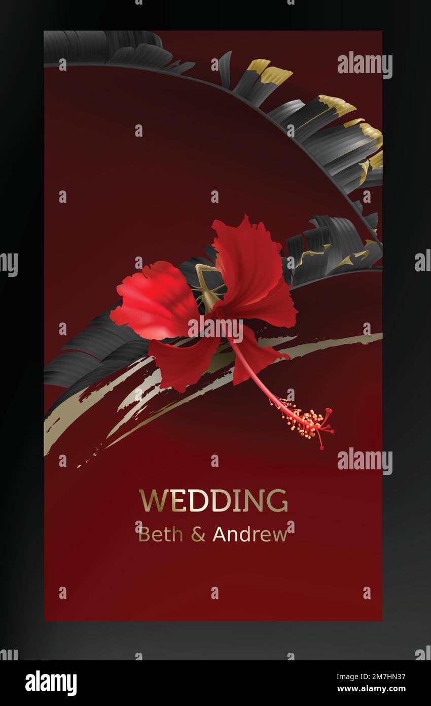 Tropical black gold leaves on maroon background vector. Beautiful ...