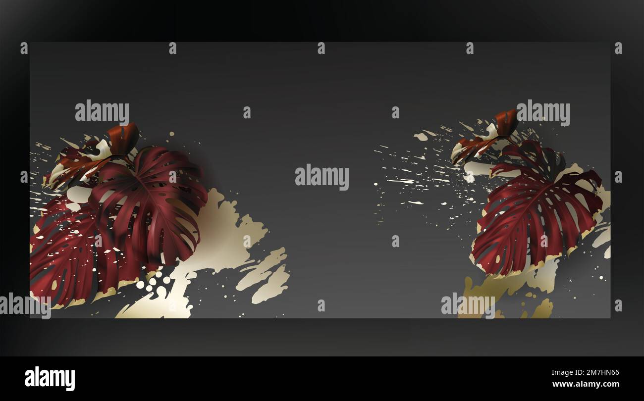 Tropical gold maroon monstera leaves on black dark background vector ...