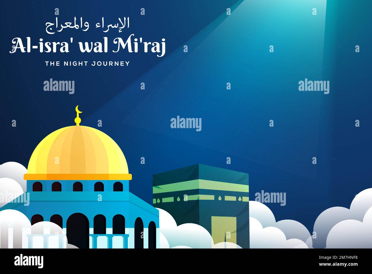 isra miraj illustration with light from sky illuminating mosque and ...