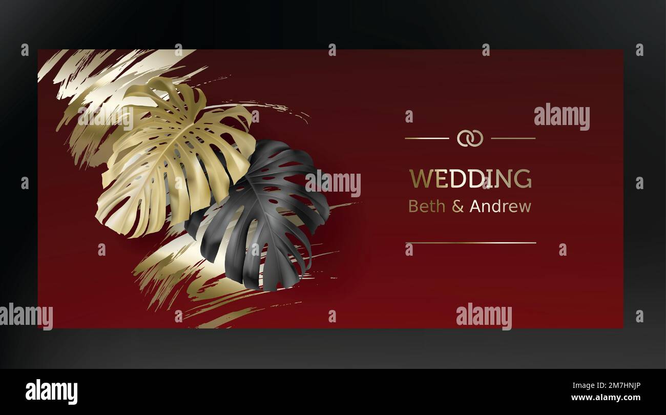 Tropical black gold monstera leaves on dark maroon background vector ...