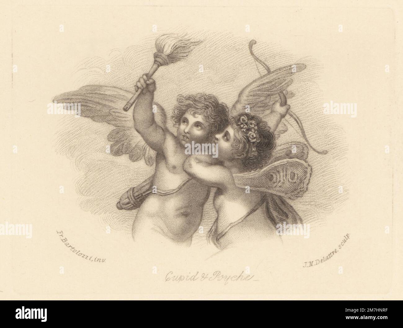 Vignette of Cupid and Psyche. Winged Cupid holding a torch and bow, embraced by Psyche with ...
