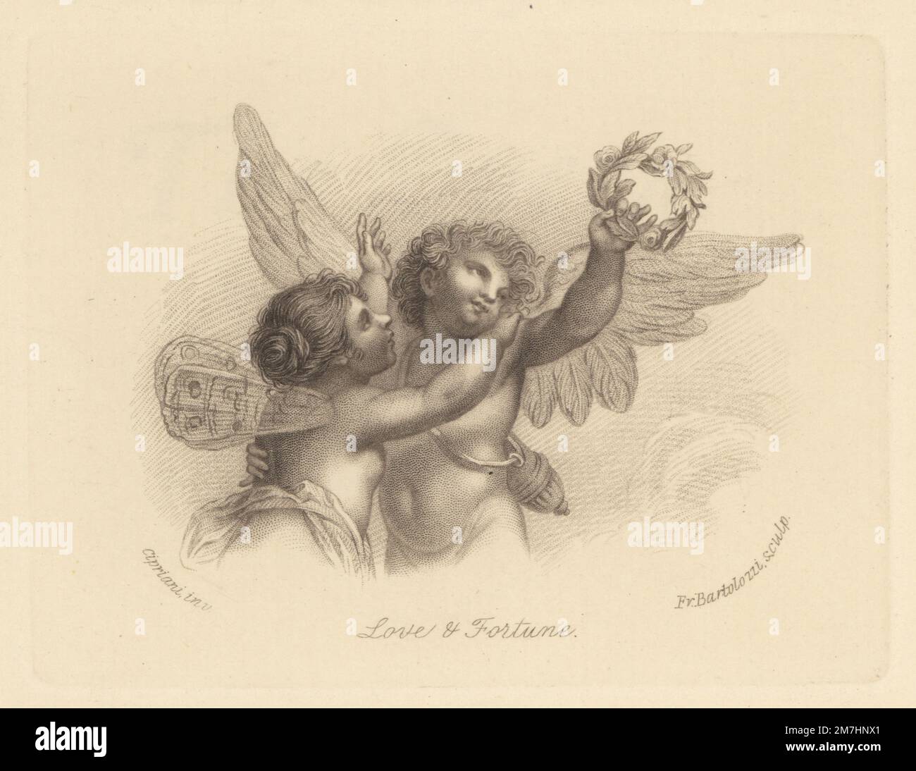 Vignette of Love and Fortune. A winged figure of Amor or Cupid holds a ...