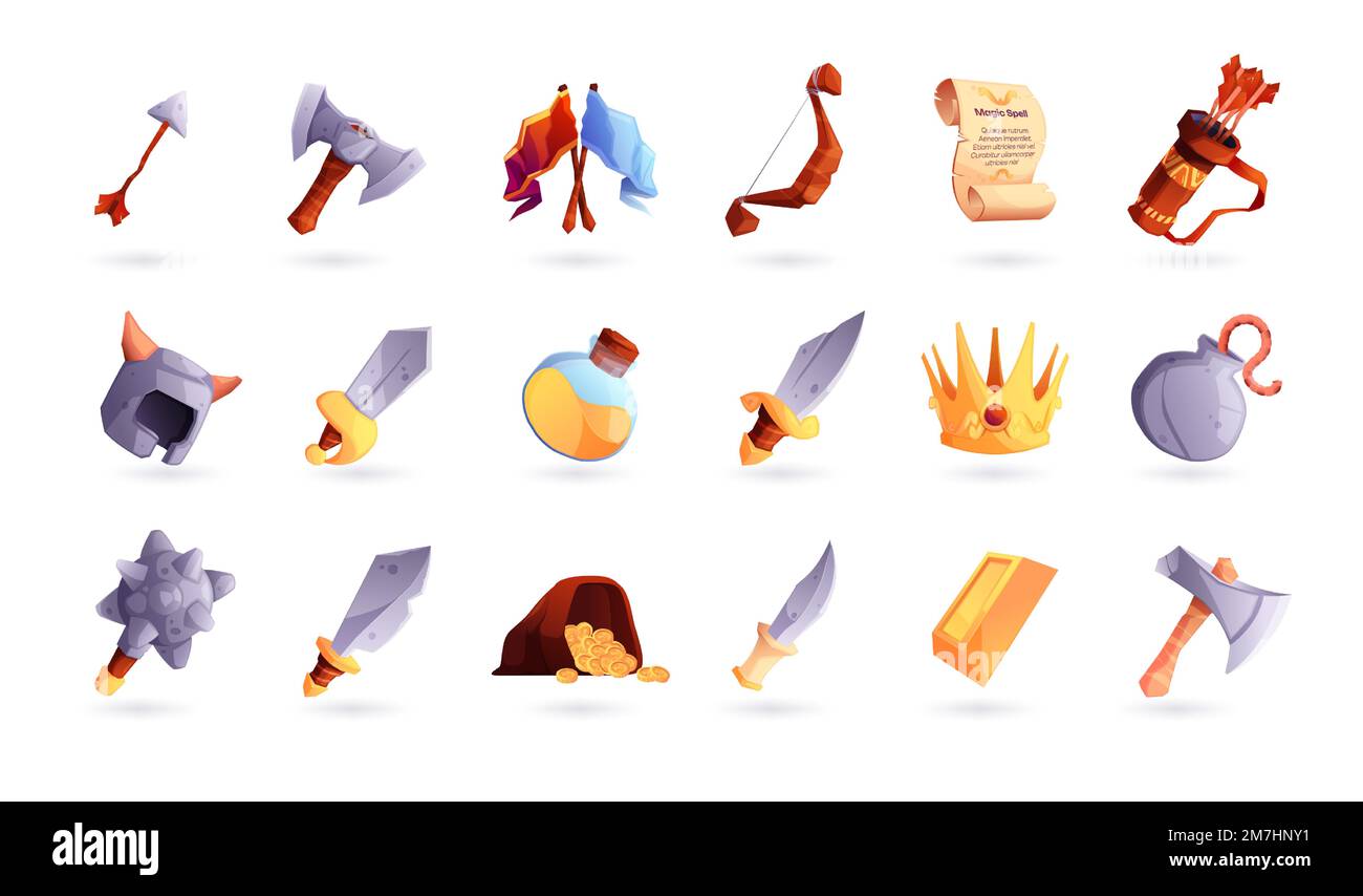 Fantasy game icons. Cartoon medieval weapon icons, gold coins treasure ...