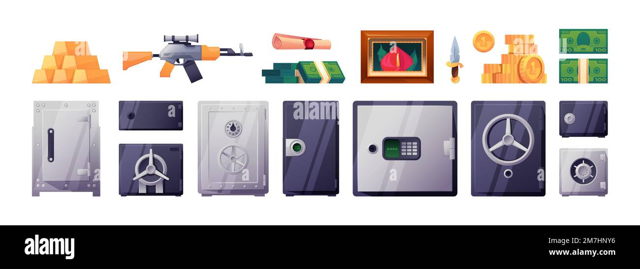 Cartoon safe with money. Bank deposit boxes with gold bars cash guns ...