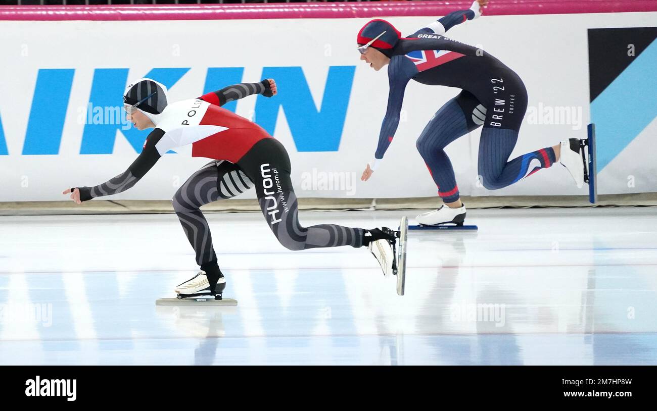 Karolina Bosiek (POL) and Ellia Smeding (GBR) competing in 2nd 500m women during ISU European ...