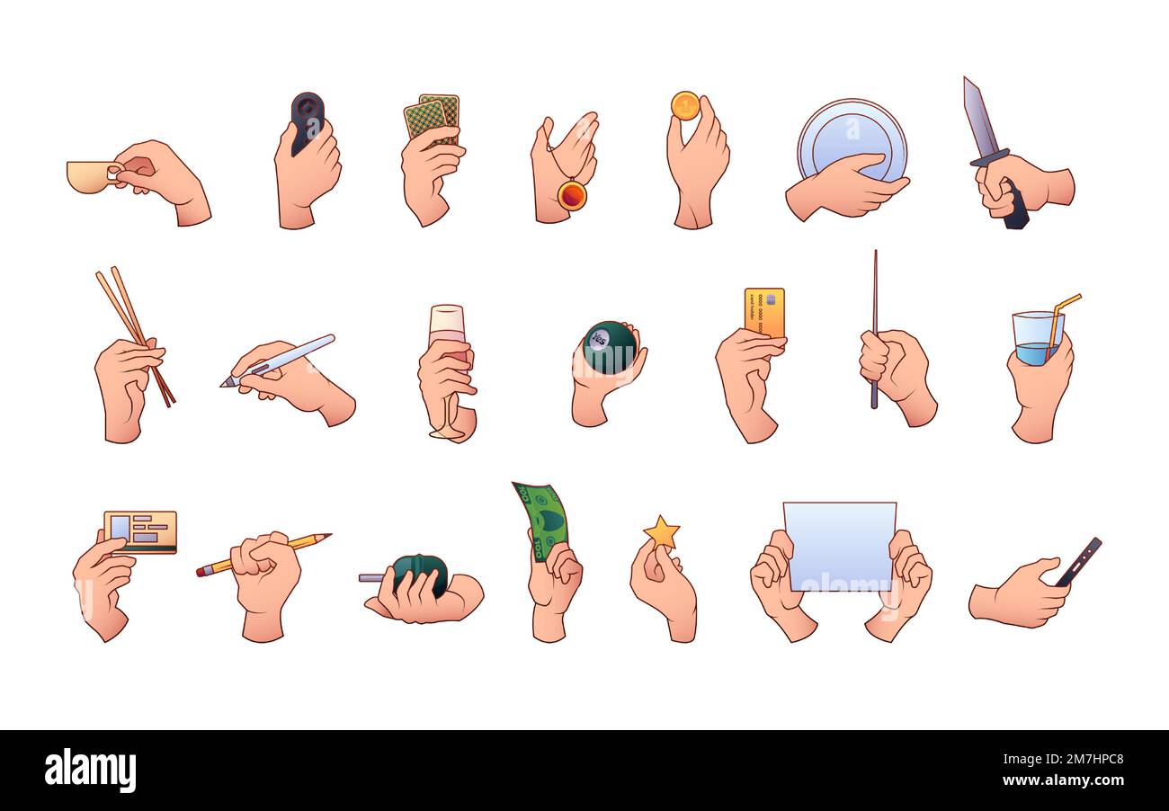 Hands with items. Cartoon human fingers holding different objects and ...