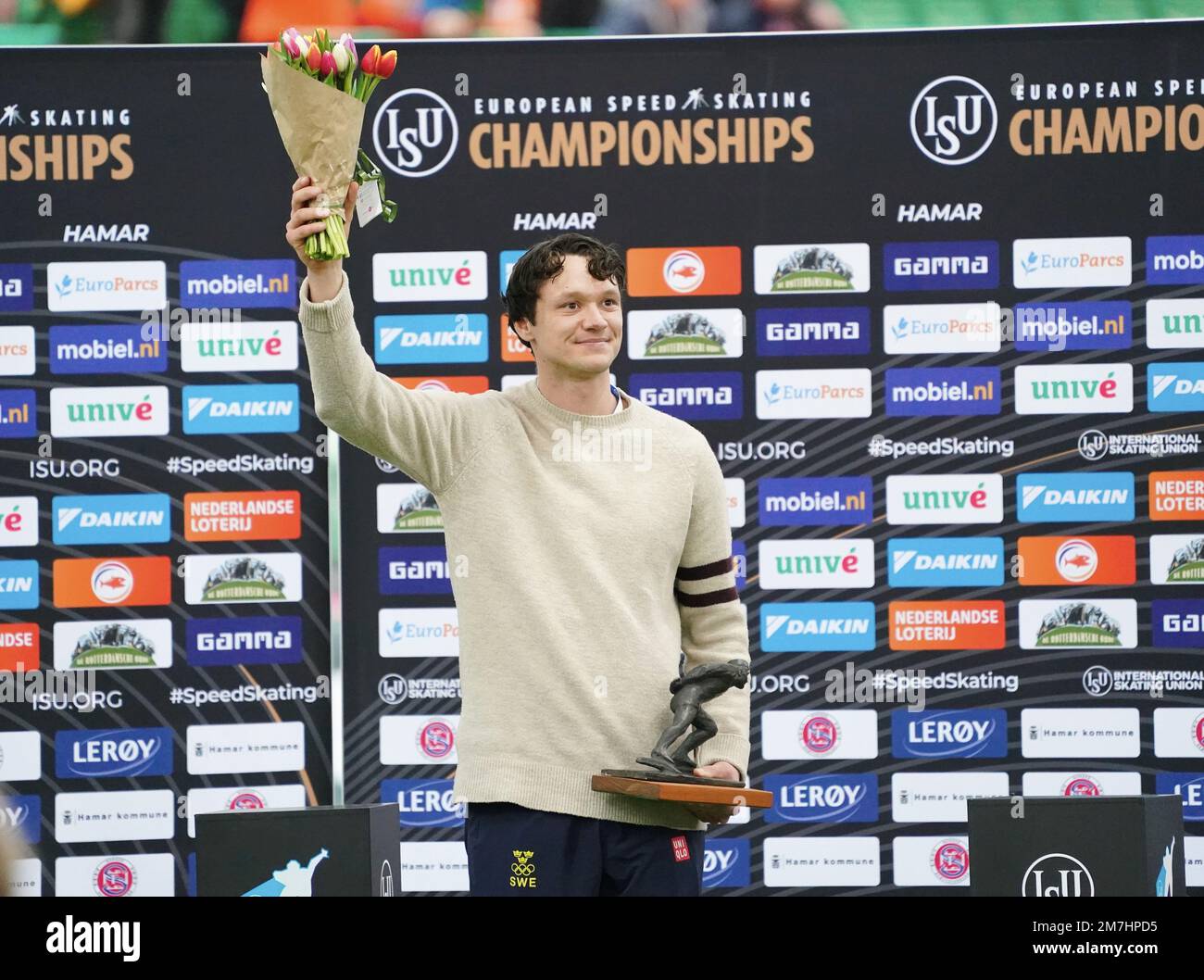 Nils van der Poel (SWE) receives the Oscar Mathisen trophee during ISU ...