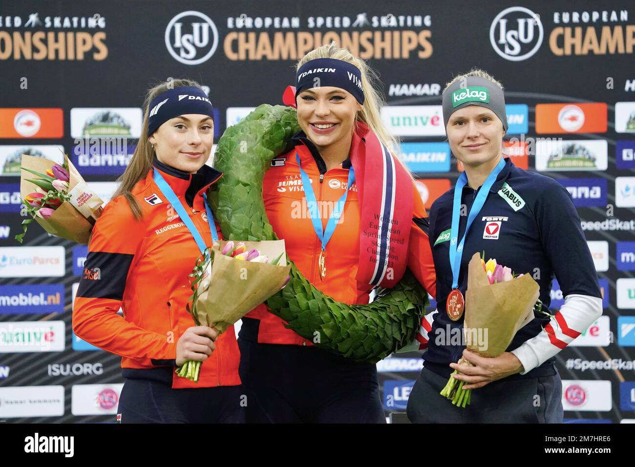 Ceremony L-R Femke Kok (NED), Jutta Leerdam (NED) and Vanessa Herzog ...