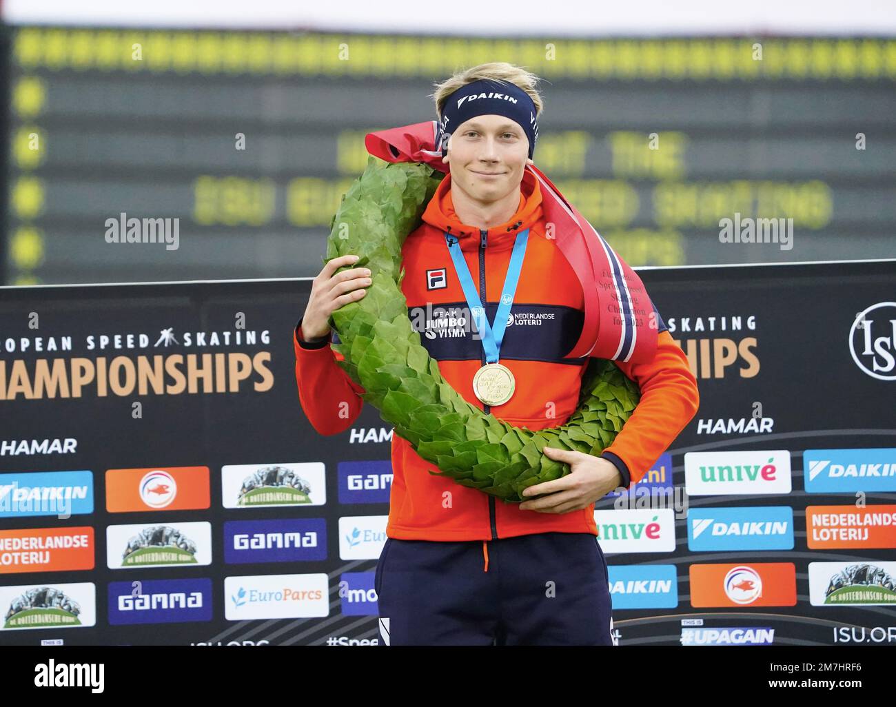 Ceremony Merijn Scheperkamp (NED) during ISU European Speed Skating ...