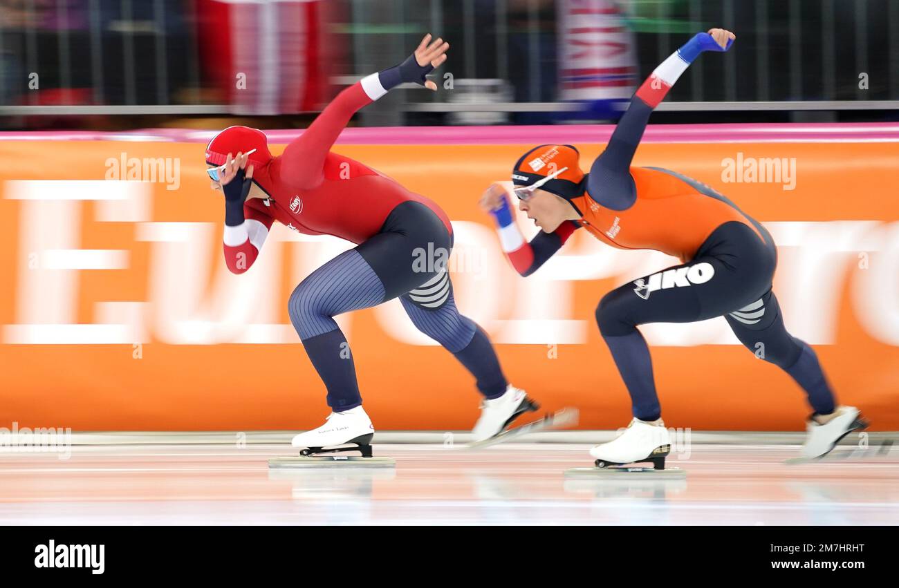 Robin Groot (NED) and Aurora Lovas (NOR) competing in 500m women Allround during ISU European ...