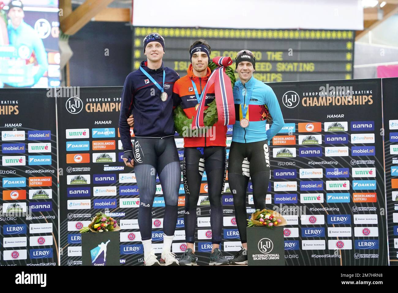 L-R Sander Eitrem (NOR), Patrick Roest (NED)and Bart Swings (BEL ...