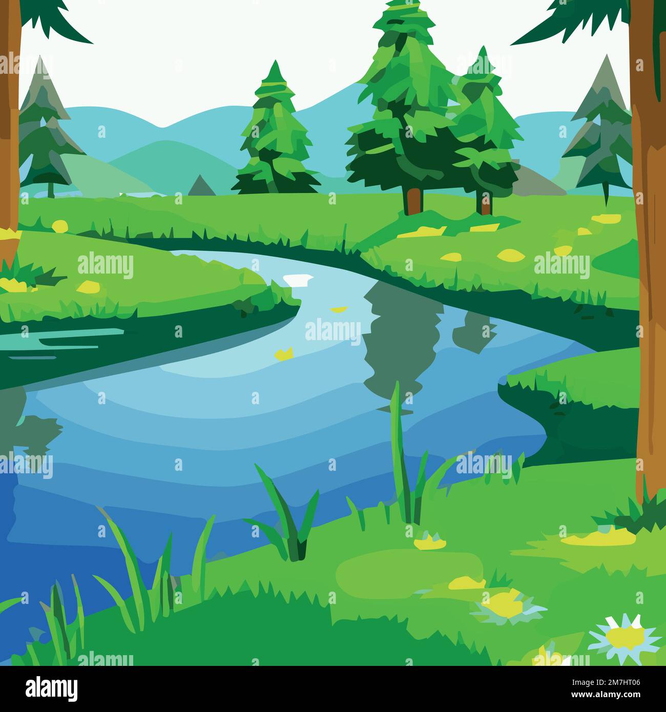 Lush green grass trees blue Stock Vector Images - Alamy