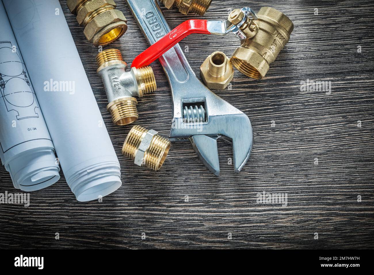 Adjustable wrench plumbing pipe fittings rolled blueprints water valve ...