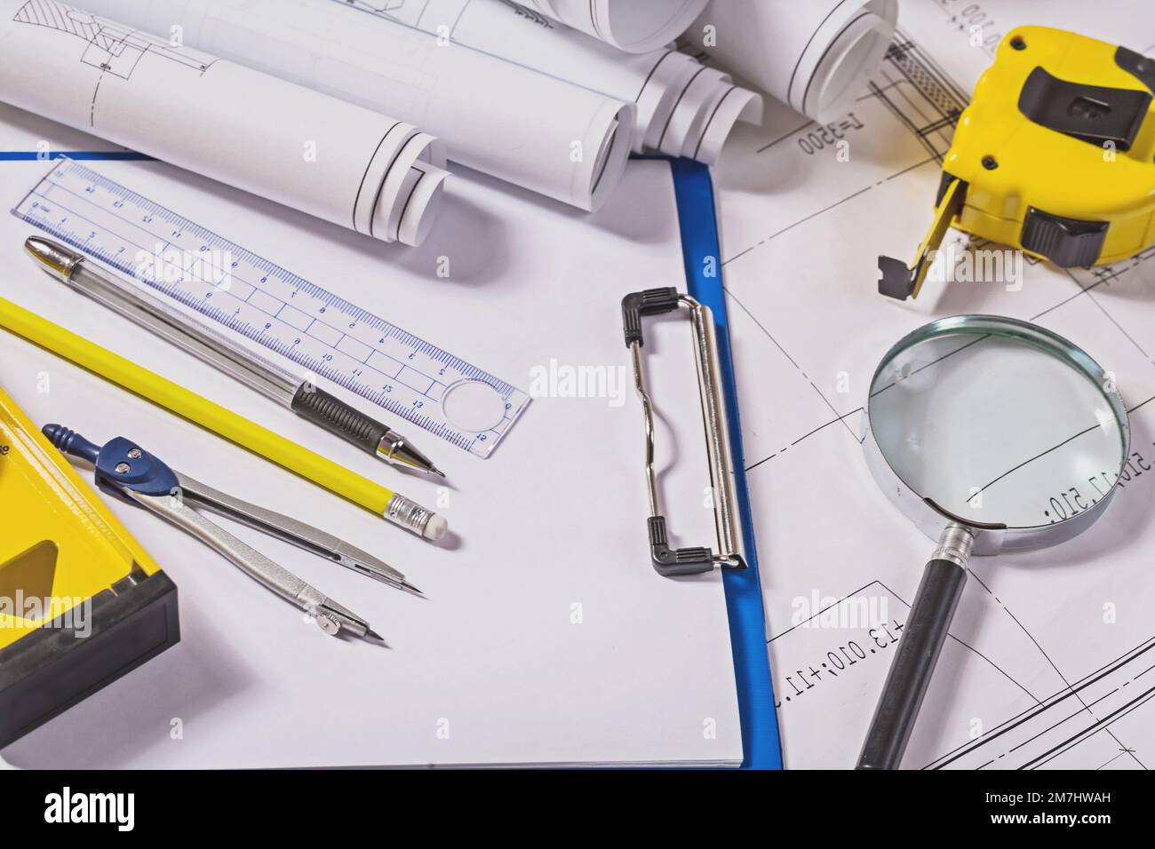 architect tools on blueprints Stock Photo - Alamy