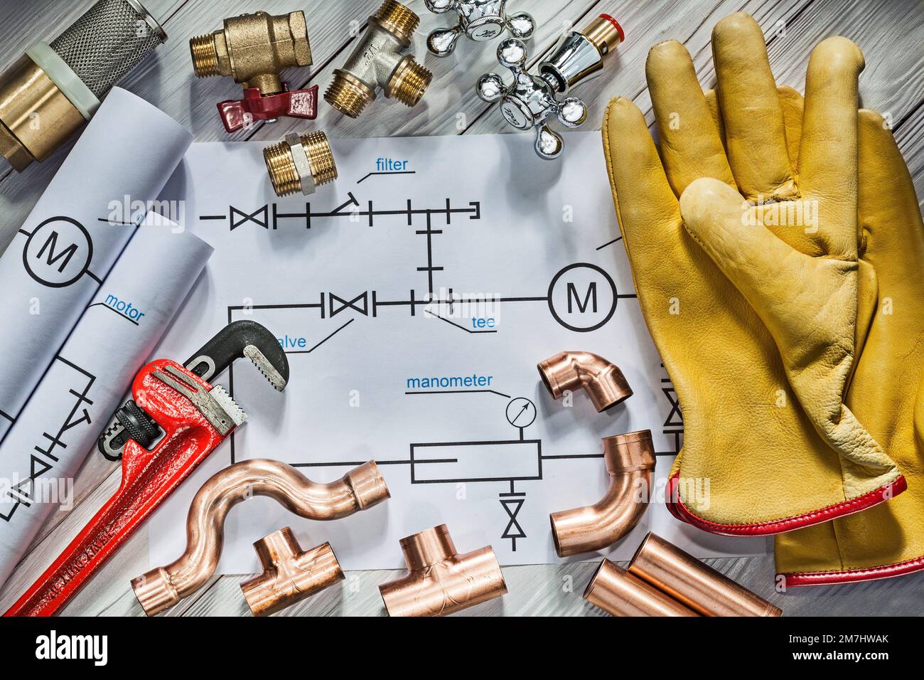 big set of piping tools on blueprints on vintage white wood Stock Photo ...