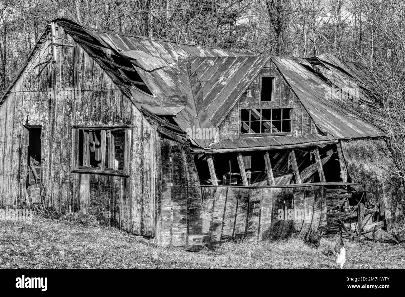 A decaying warehouse outside at a barn (Black & White Stock Photo - Alamy