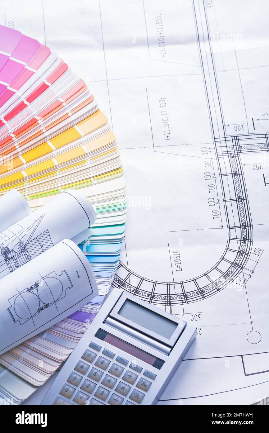 blueprints and color palette with calculator Stock Photo - Alamy