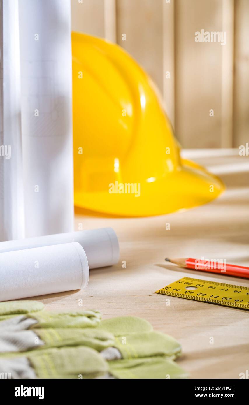 blueprints prncil ruller glove helmet Stock Photo - Alamy