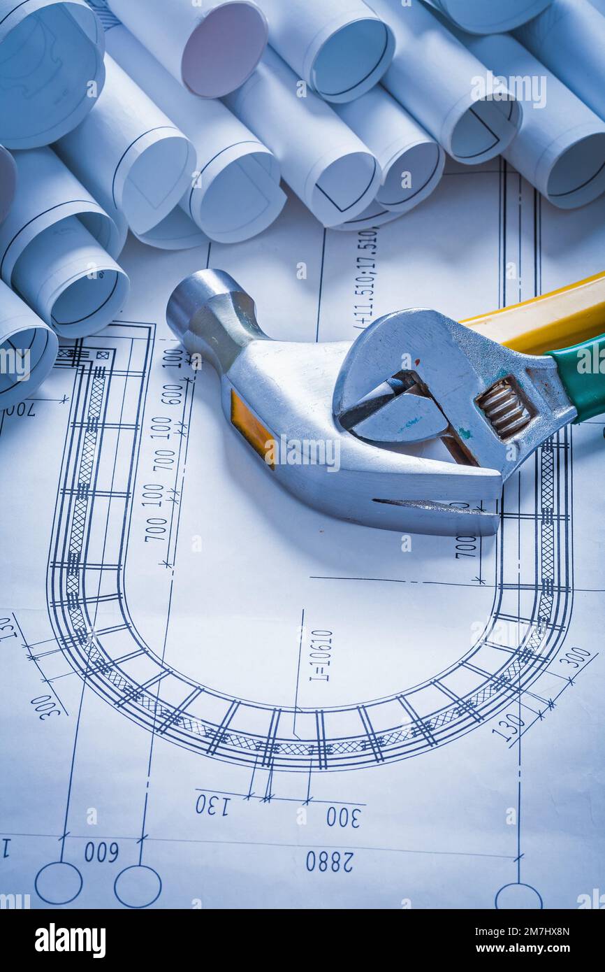 Claw hammer adjustable key and collection of blueprint rolls ...