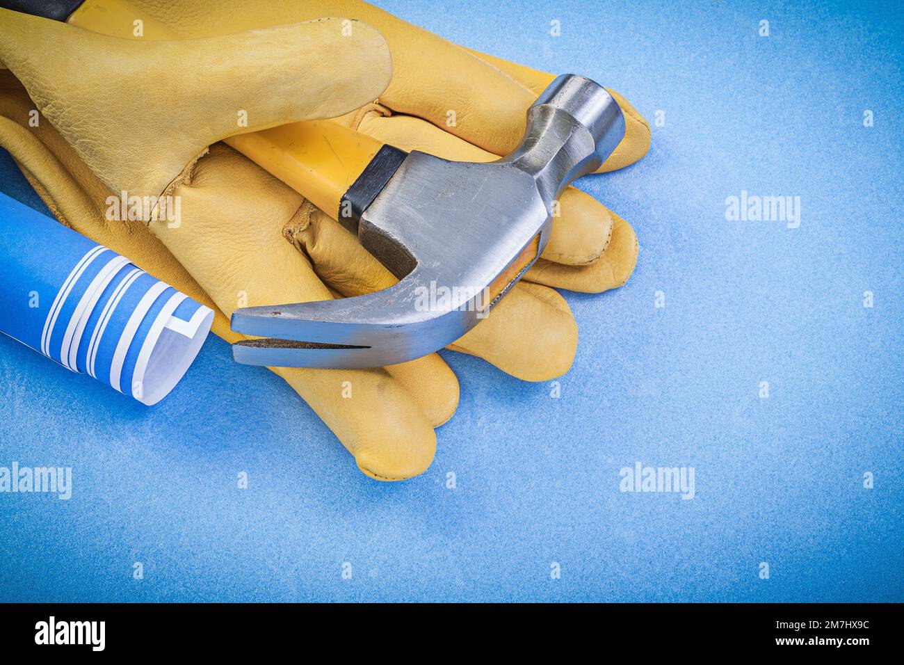 Claw hammer leather protective gloves engineering drawings on blue ...
