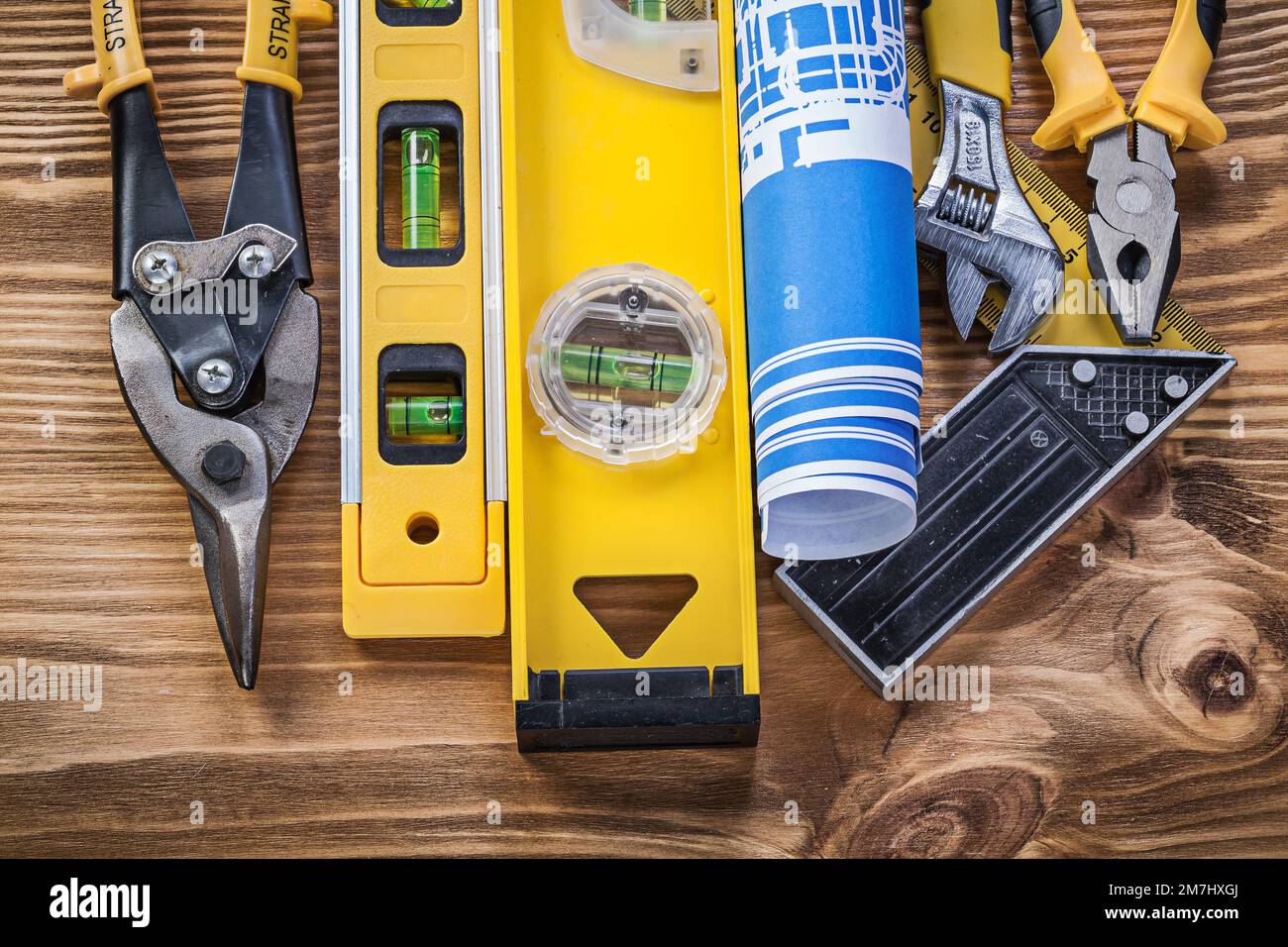 Collection of construction tools on vintage wood board top view Stock ...
