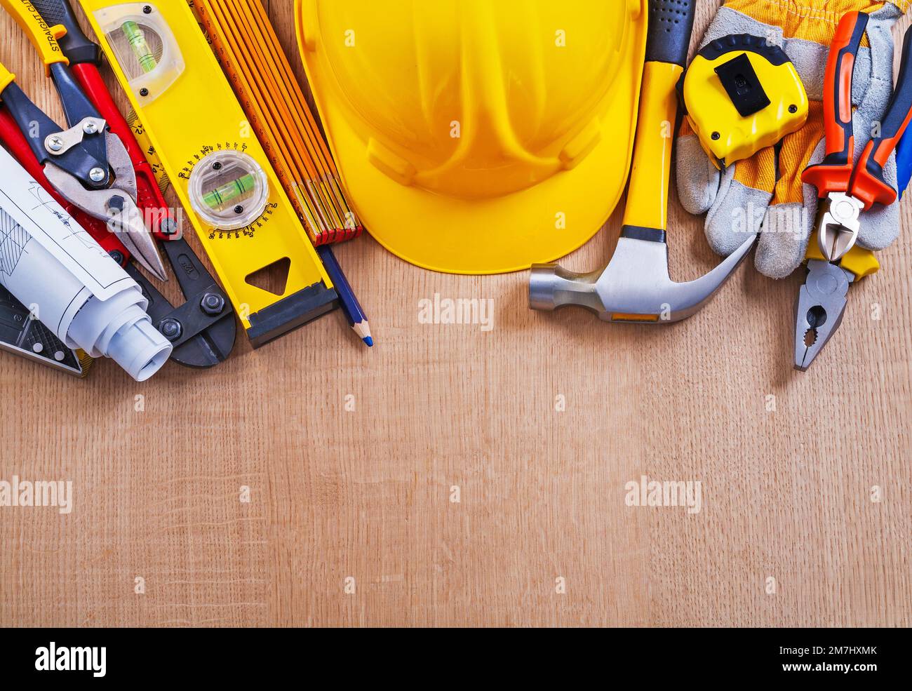 Composition of building tools on oak wooden board construction concept ...