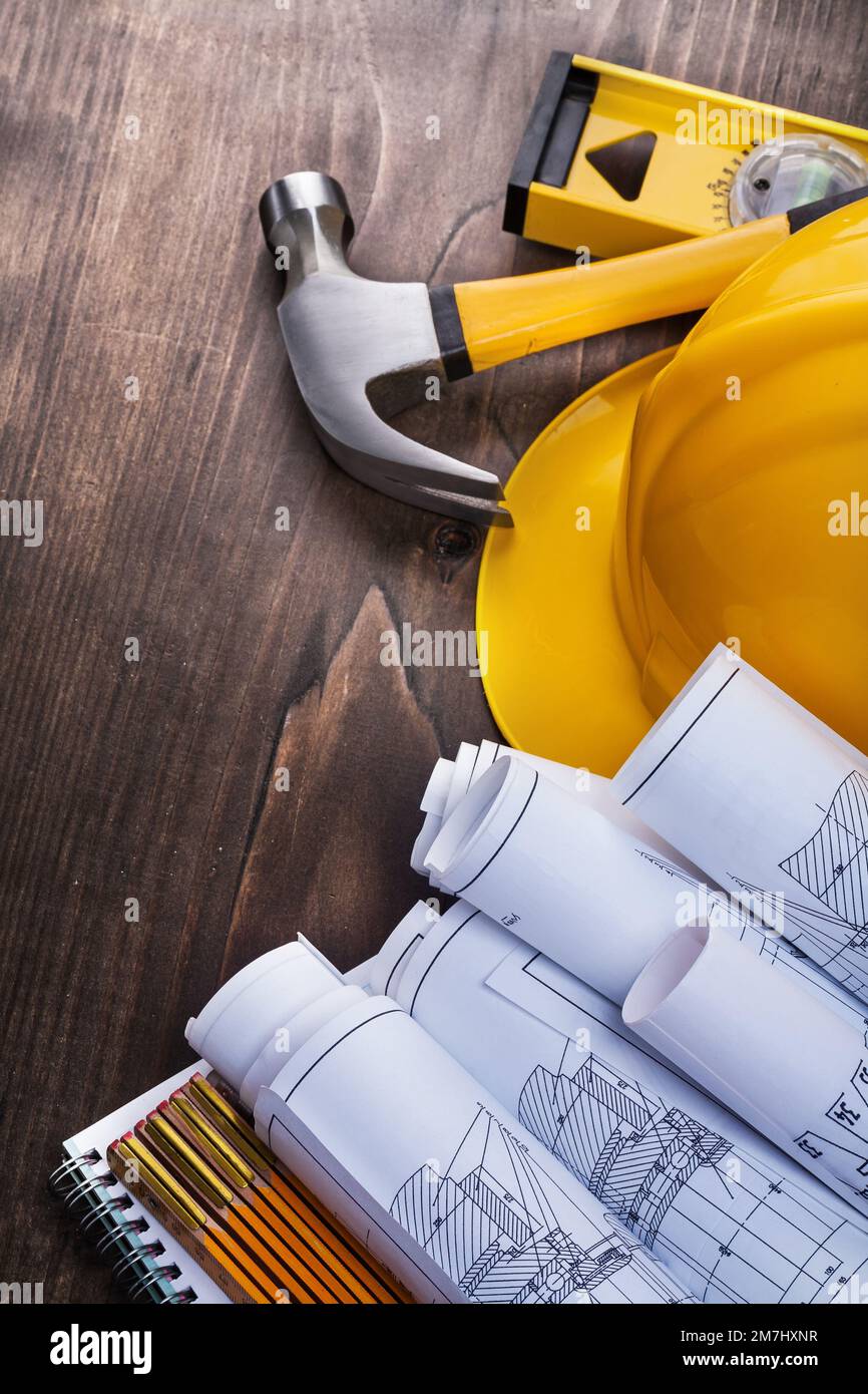 Composition of construction working tools on vintage pine wood board ...