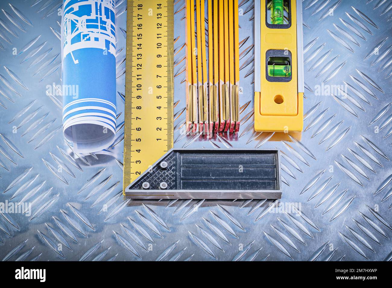Construction drawings level wooden meter try square on grooved metal ...