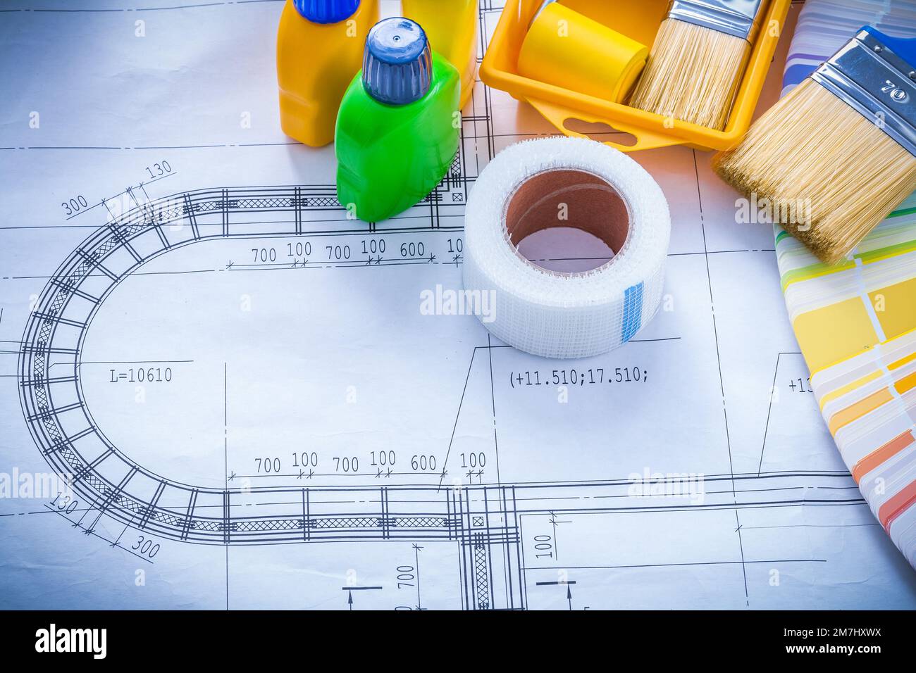 Construction drawing with paint brush roller tray bottles duct tape and ...