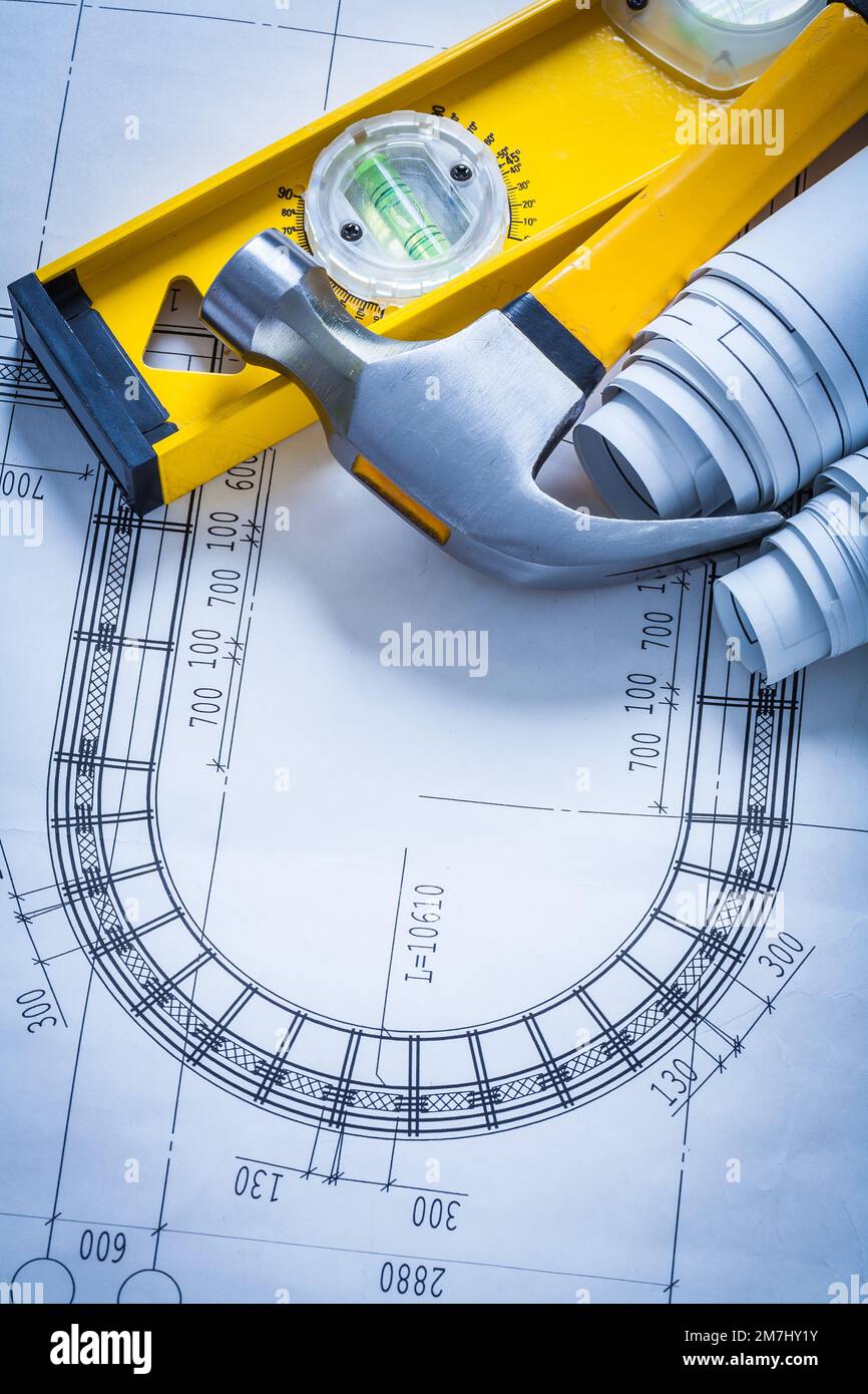 Construction level claw hammer set of blueprints building and ...
