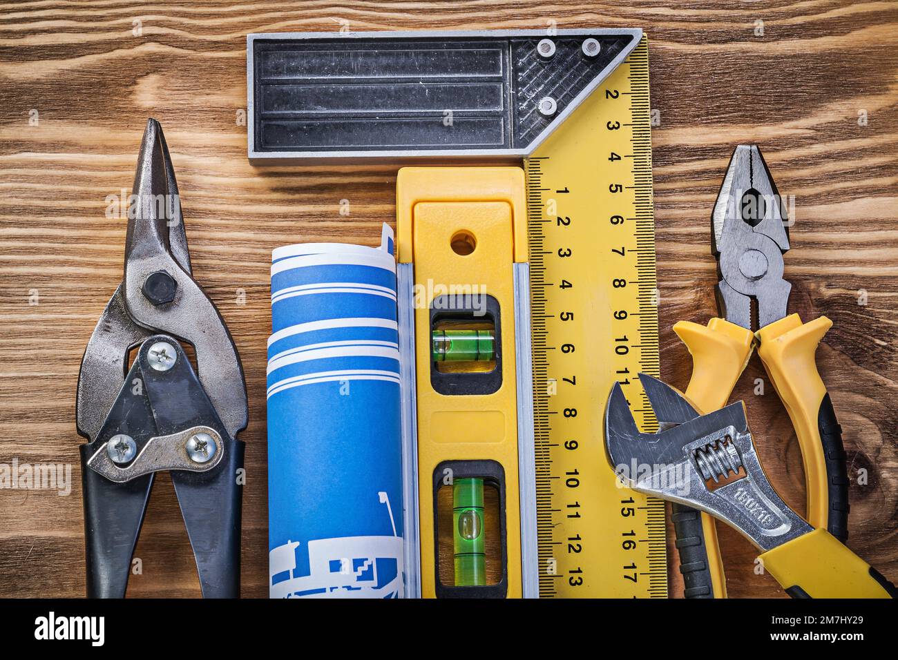 Construction level blueprint try square gripping tongs steel cutter ...