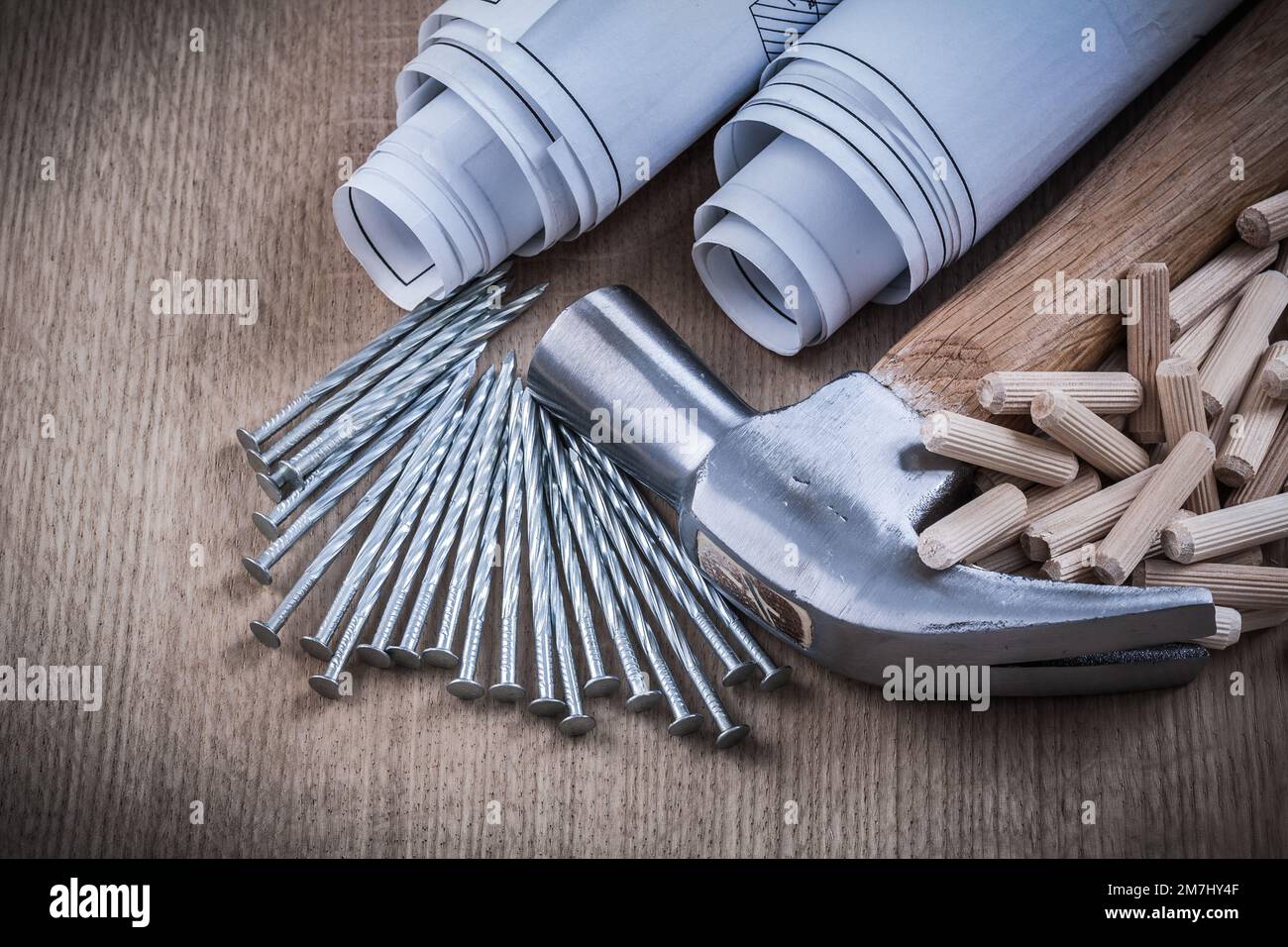 Construction plans claw hammer woodworking dowels and metal nails Stock ...