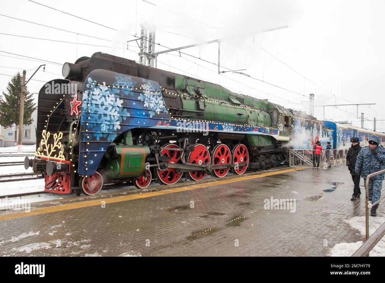 Oryol, Russia.: Meeting the train of Santa Claus. Santa Claus travels ...