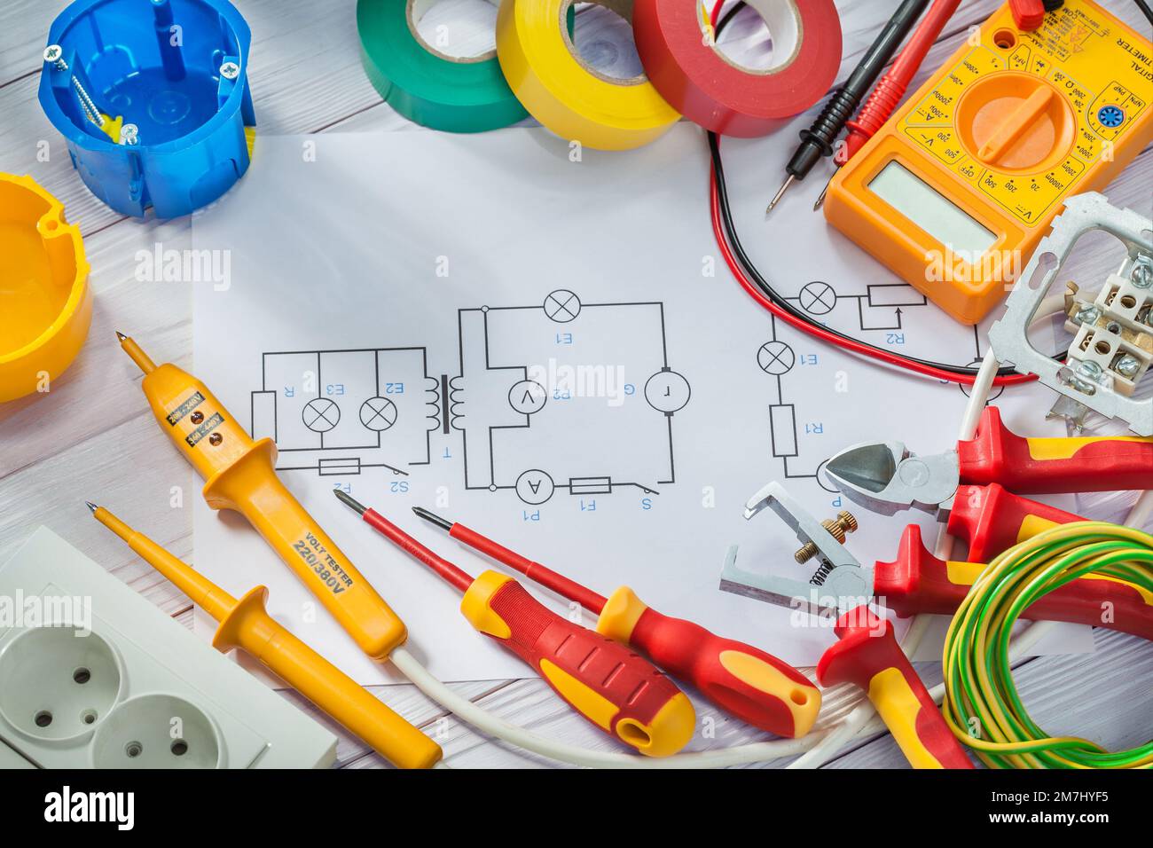 electrical tools big set on white painted wooden boards background ...