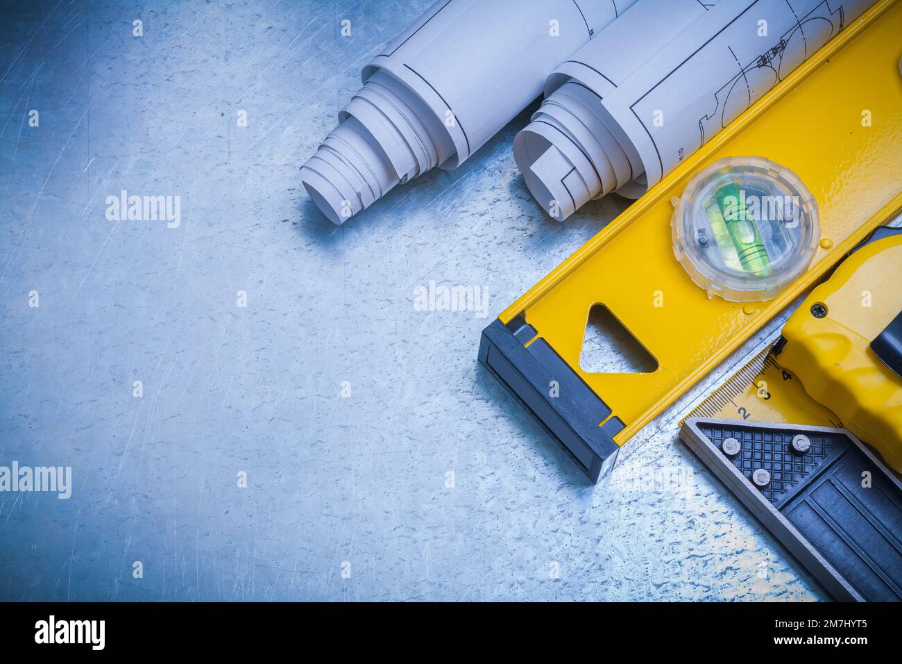 Horizontal image of measuring line construction plans and level square ...
